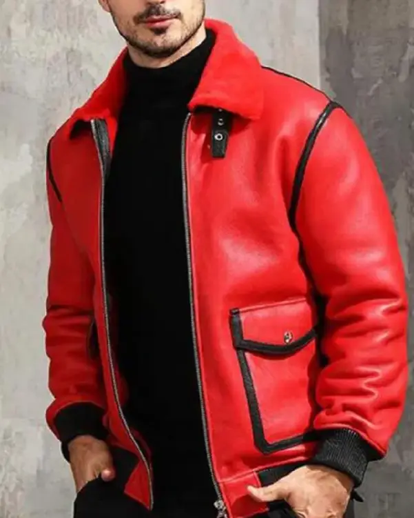 Men’s Shearling Red Leather Moto Jacket with Black Trim - Jacket Craze