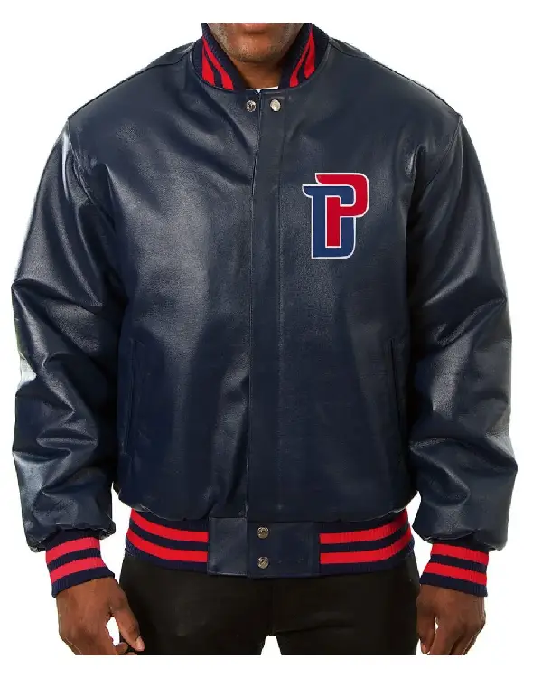 Varsity Detroit Pistons Navy Blue Leather Jacket - Jacket Craze